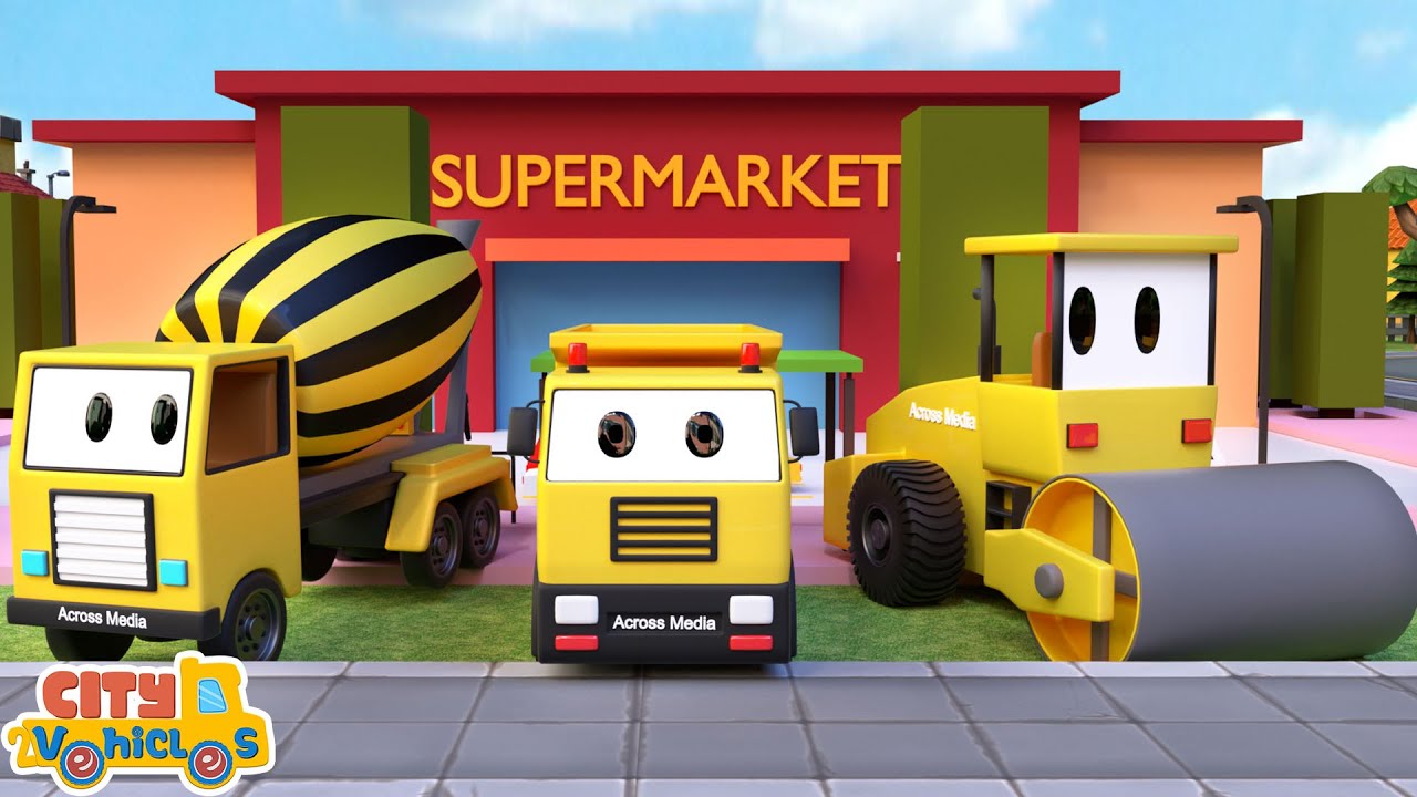 Construction vehicles build supermarket —excavator, wheel loader and ...