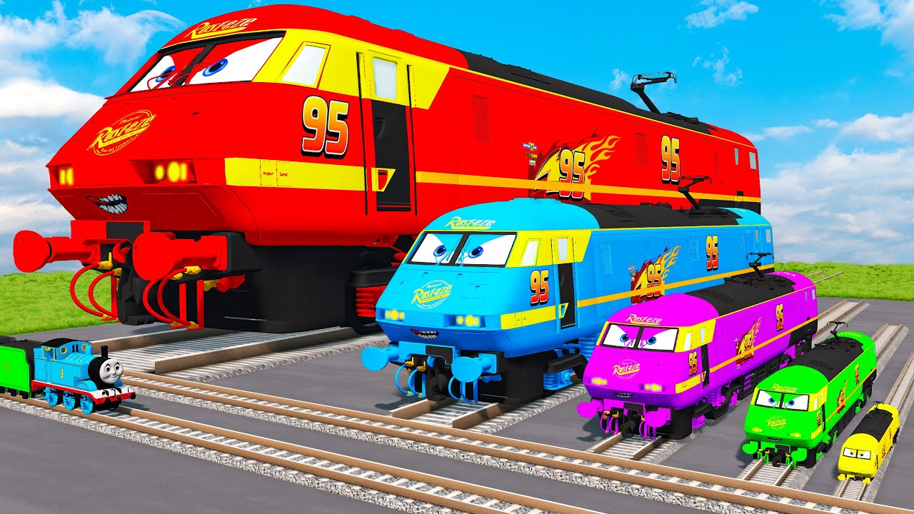 Big & Small Colors Trains Lightning Mcqueen vs Train | BeamNG.Drive ...