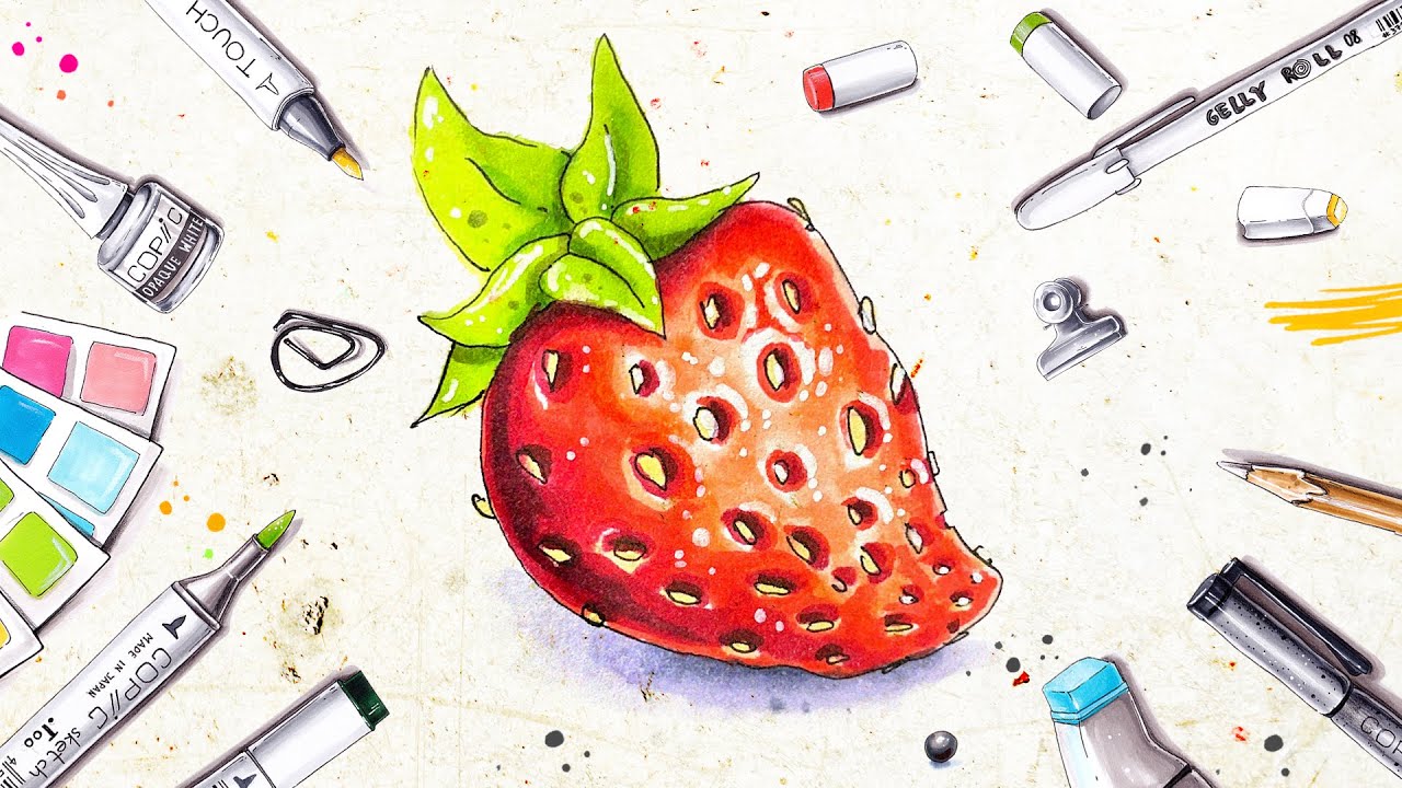 How to draw a strawberry with Copic markers | Coloring with brush ...