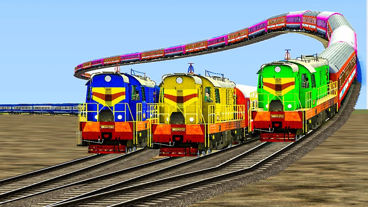 3 TRAINS CROSSING ON BUMPY RAILROAD TRACKS - Train Simulator || Indian ...