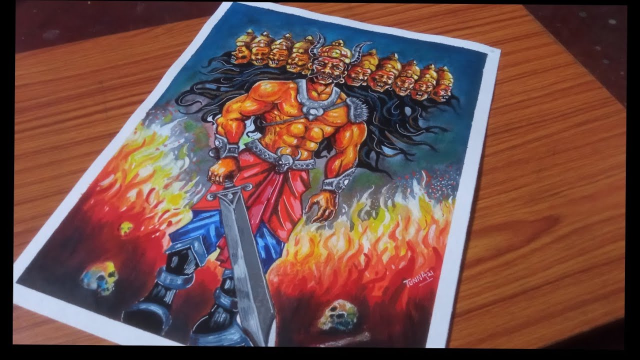 Ten heads raavan drawing|| dussehra special drawing|| mixed media art ...