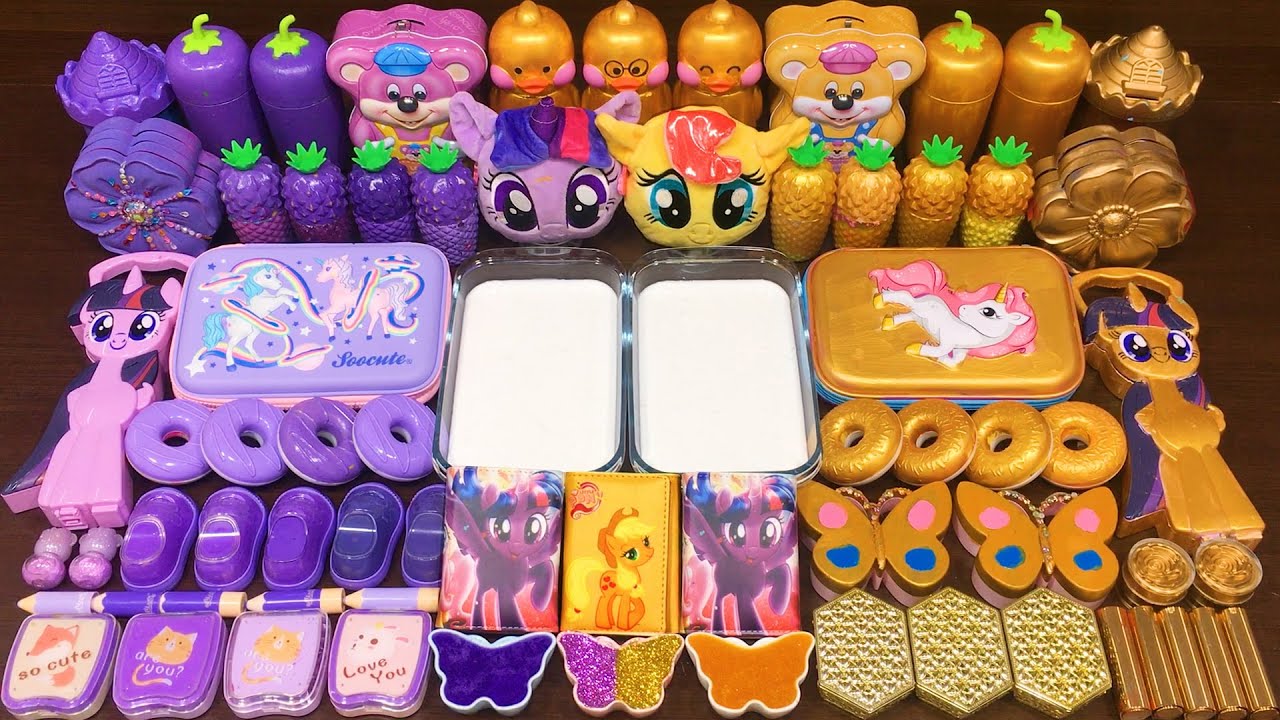 GOLD vs PURPLE! Mixing Makeup, Glitter and More into Glossy Slime ...