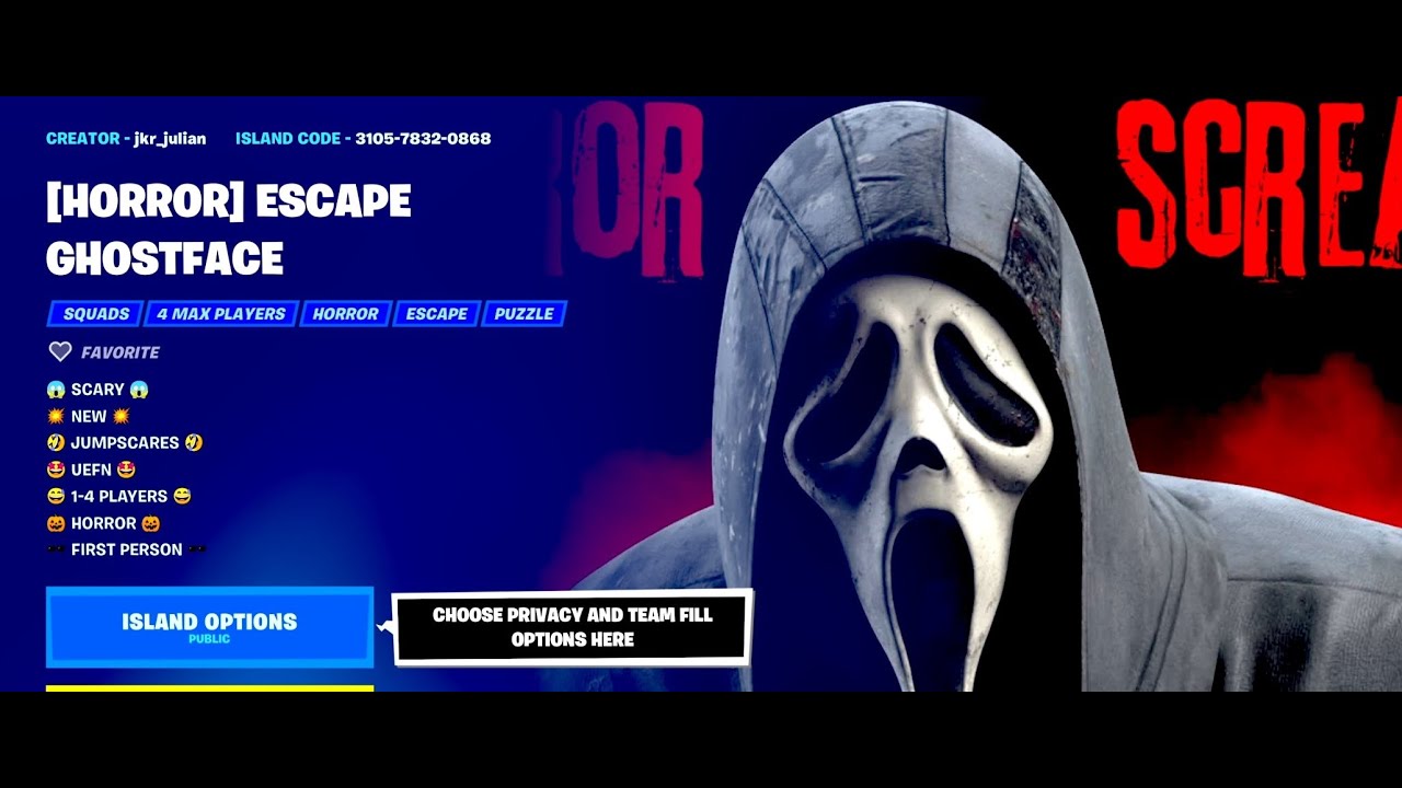 FORTNITE [HORROR] ESCAPE GHOSTFACE BY JKR_JULIAN - FULL WALKTHROUGH - MAP CODE: 3105-7832-0868 ...