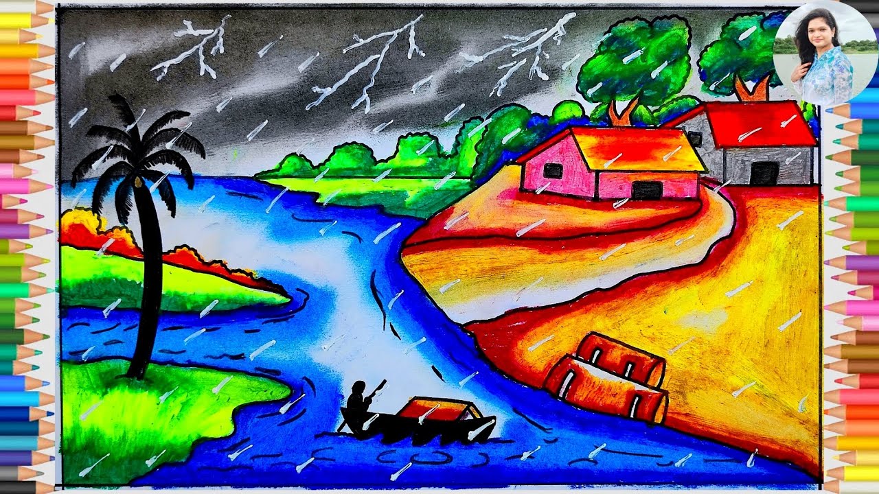 Rainy Day Scenery Drawing with Oil Pastel | Rainy Season Drawing Easy ...