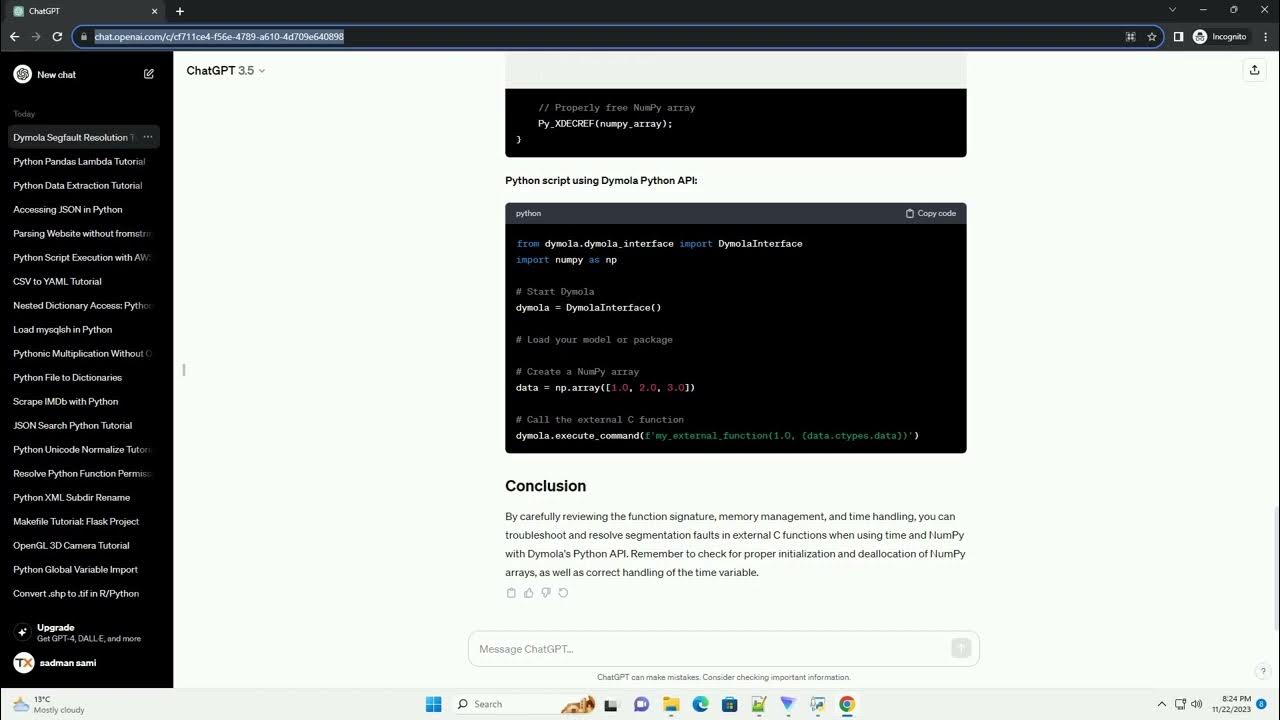 Dymola Segfault in external C function with Python API when using time and numpy - YouTube