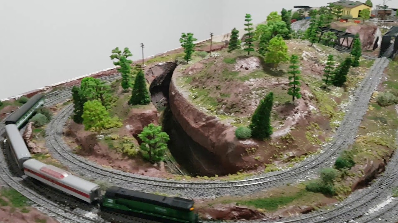 3x8 N scale layout. Can run 3 trains at the same time - YouTube