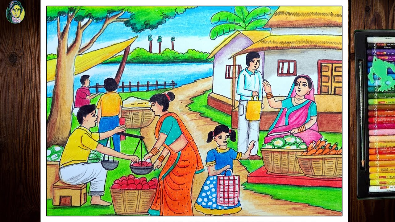How To Draw Village Market Easy | Village Market Drawing Easy | Bazar ...