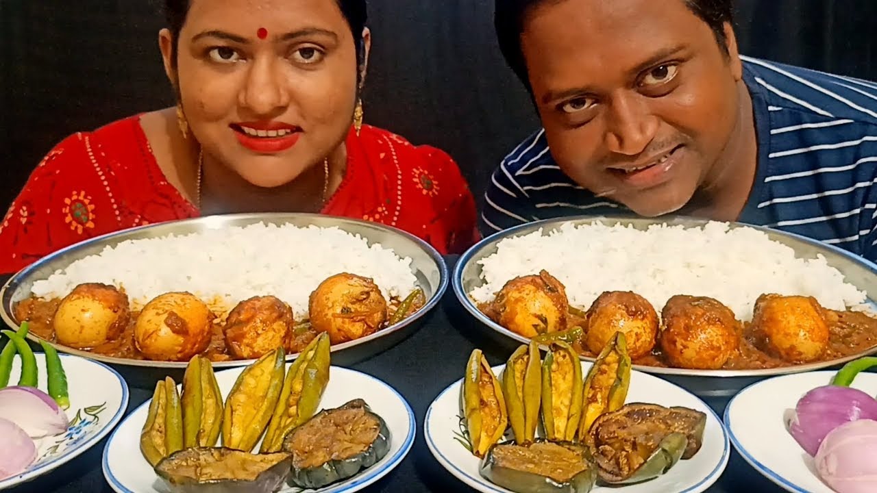 Egg curry, rice, begun vaja, patol vaja eating challenge । Eating Show ...