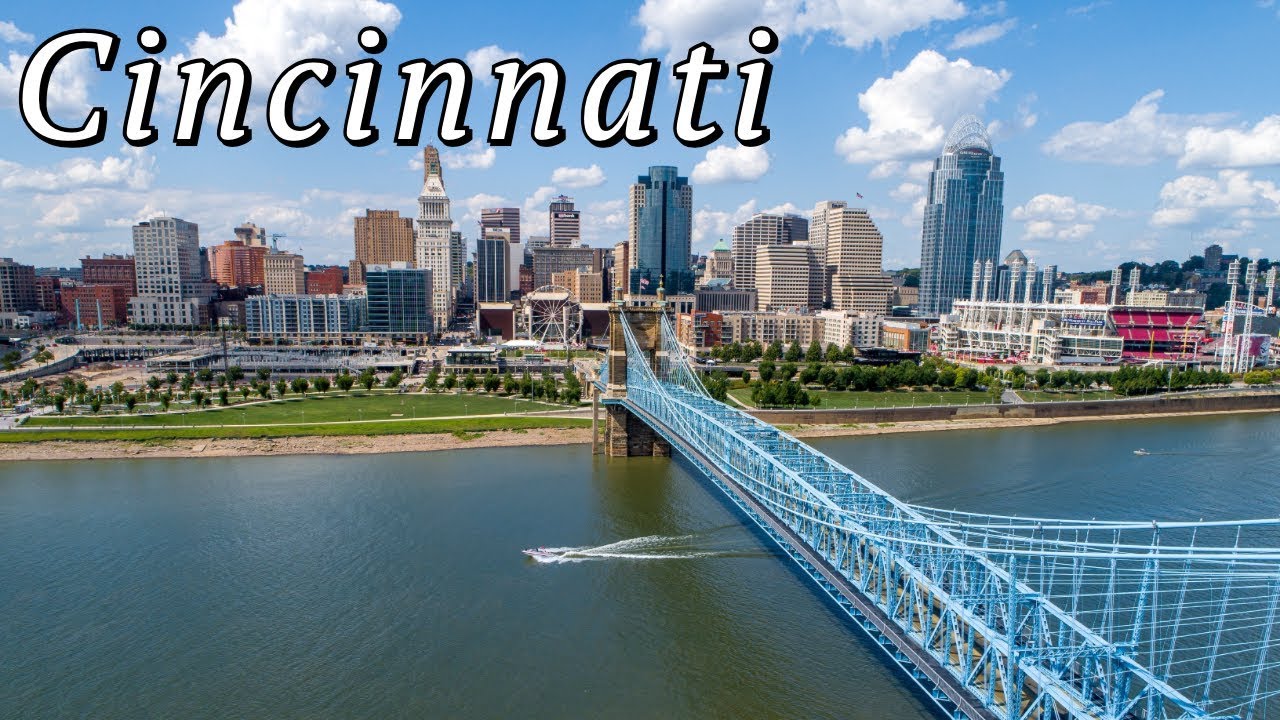 Drone's view of the Cincinnati skyline from the riverfront (4K) - YouTube