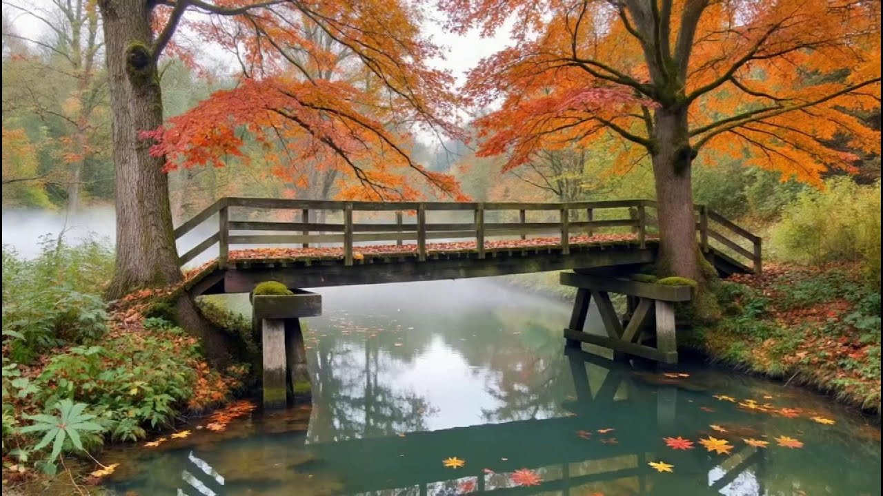 Old Wooden Bridge in the Autumn Forest – Flowing River and Whispering ...