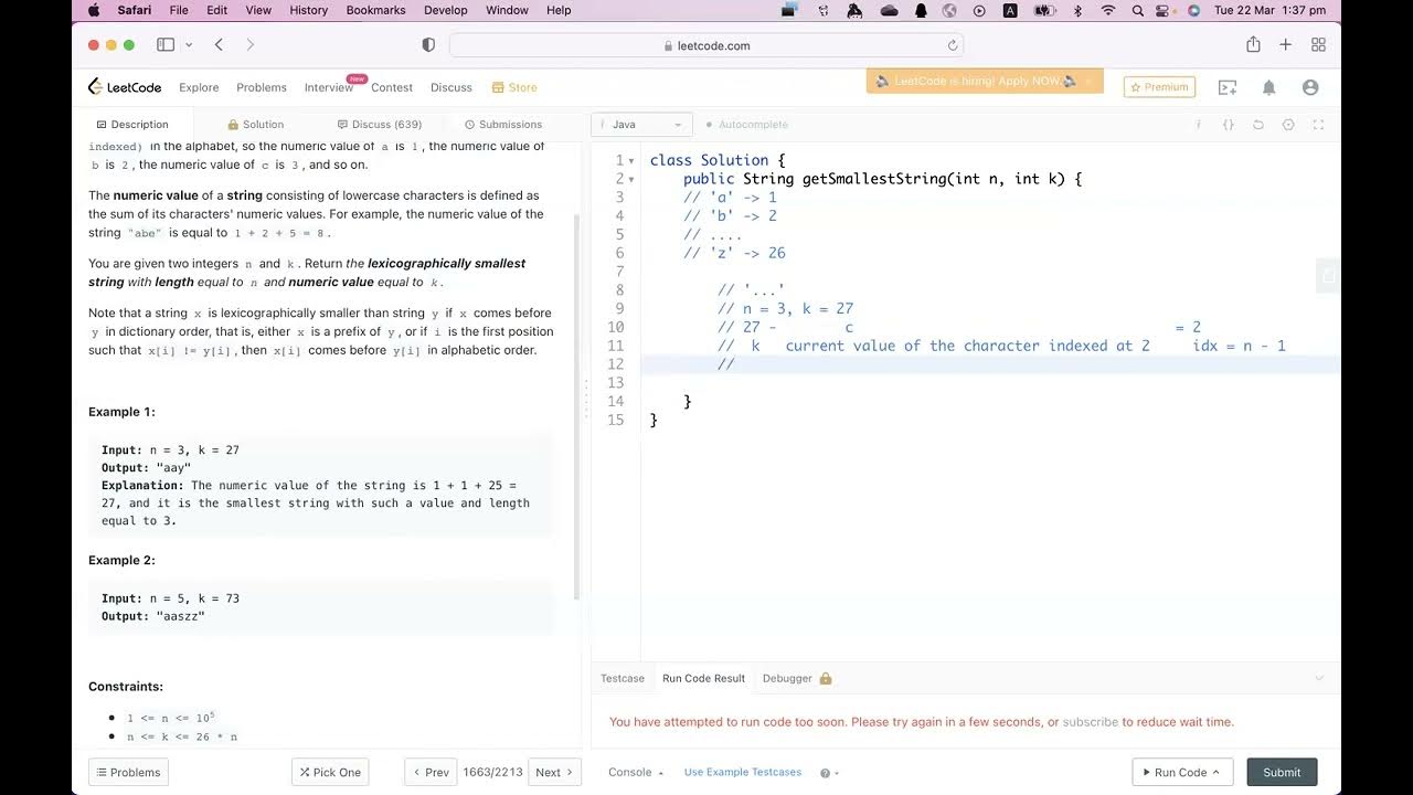 Leetcode 1663 Smallest String With A Given Numeric Value Java Version