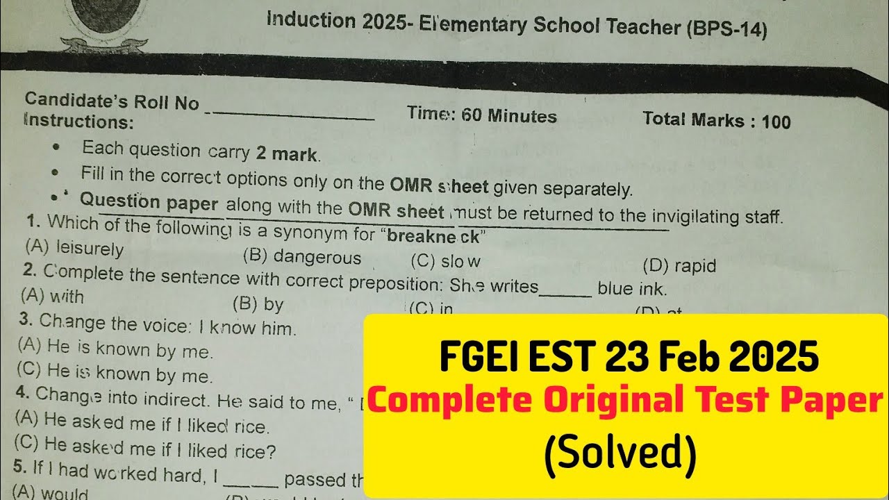 FGEI EST 2025 Solved Test - Complete Original Test Paper - YouTube