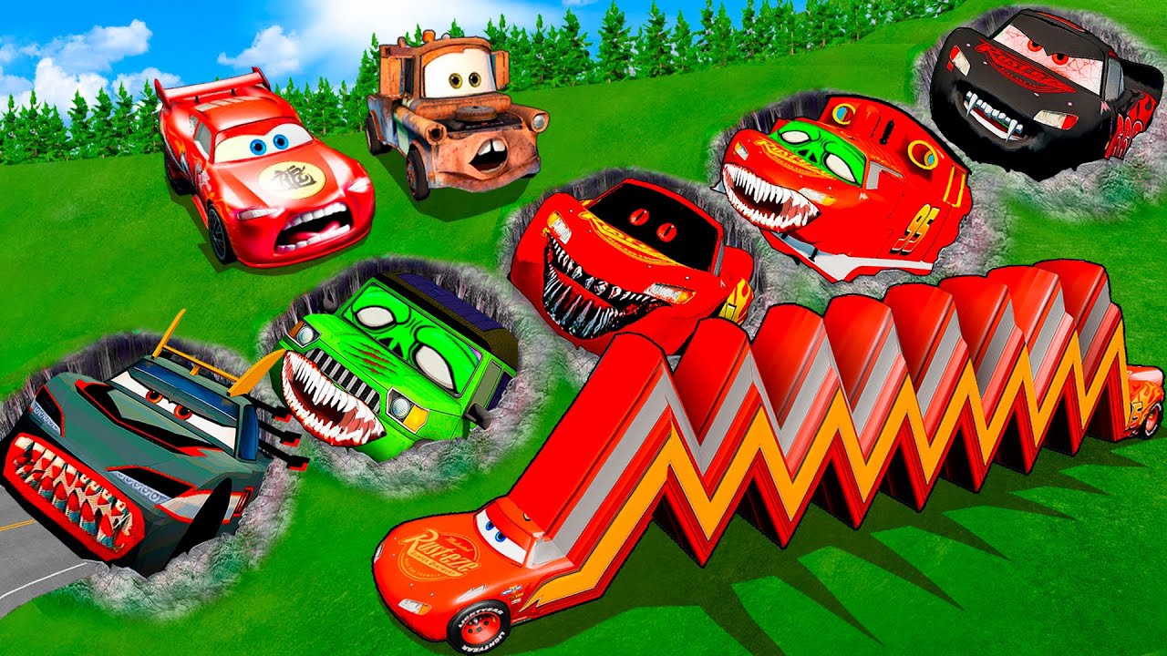 Mega pits with ZOMBIE McQueen and Pixar Cars Vs Big & Small Lightning ...