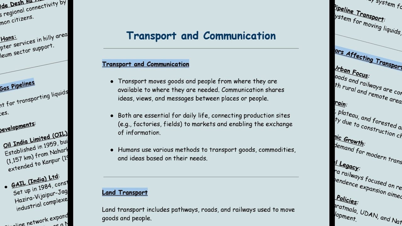 Notes of Transportation and Communication Class 12 | Geography | Class ...