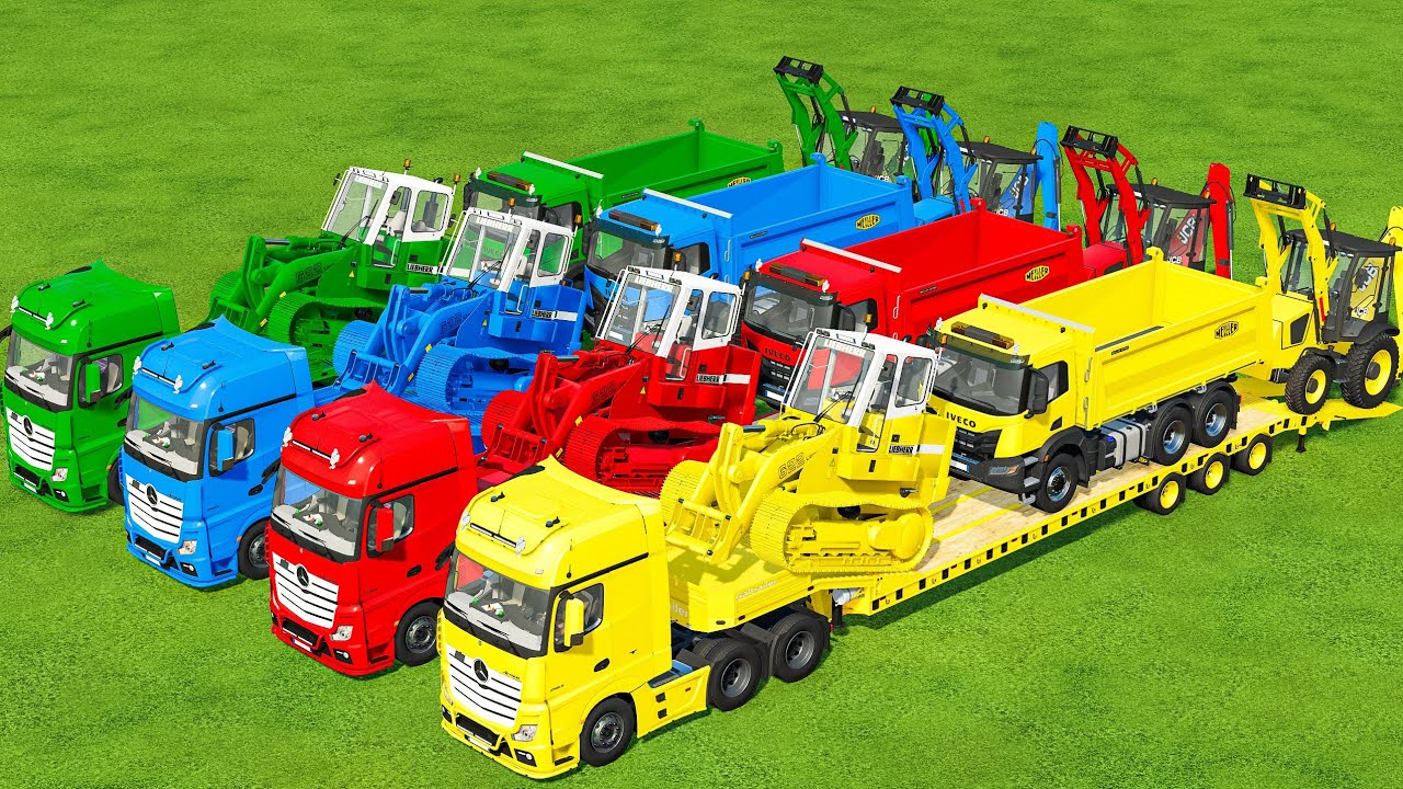 LARGE LOW LOADER & TRUCKS & JCB LOADED & TRUCKS OF COLORS IN FS22 ...
