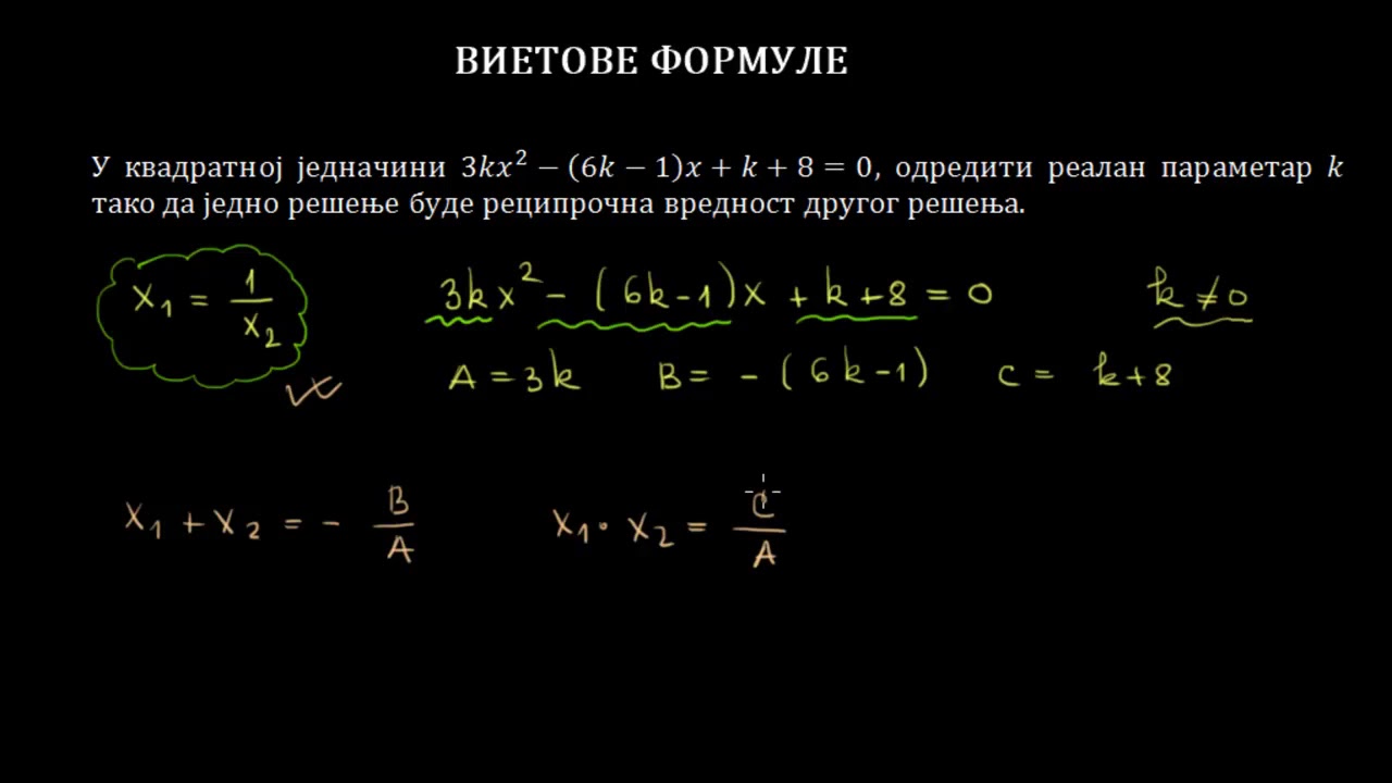 Vietove formule - naći parametar ako je jedno rešenje recipročna ...