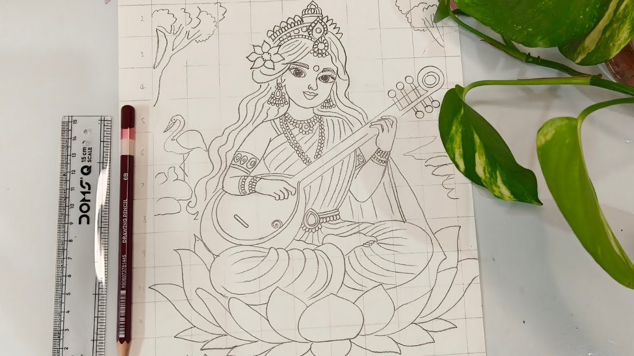 Maa saraswati devi drawing outline 🙏🙏|step by step |vasant panchami ...