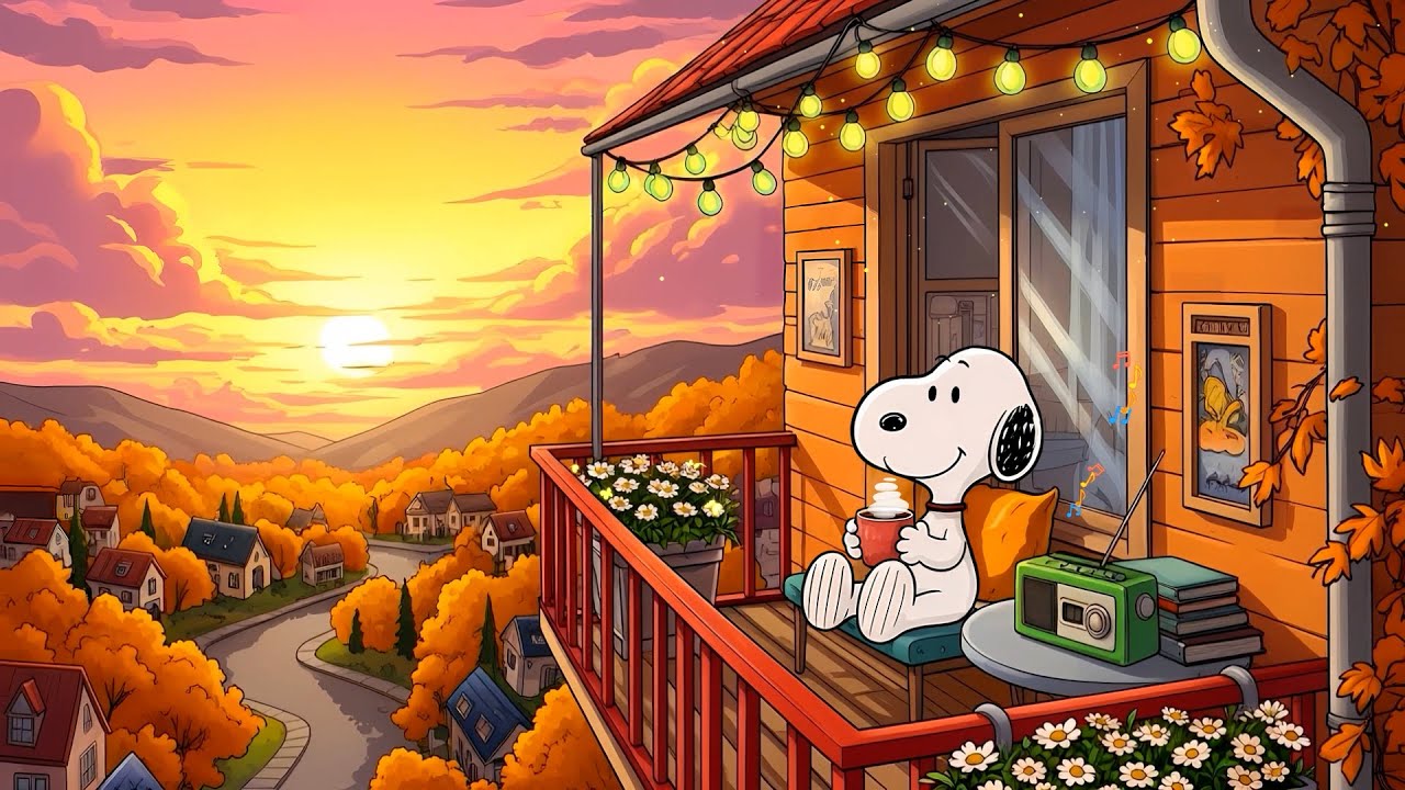 Snoopy’s Autumn Balcony Sunset ☕Soft Lofi Tunes to Unwind & Relax 🍁 ...