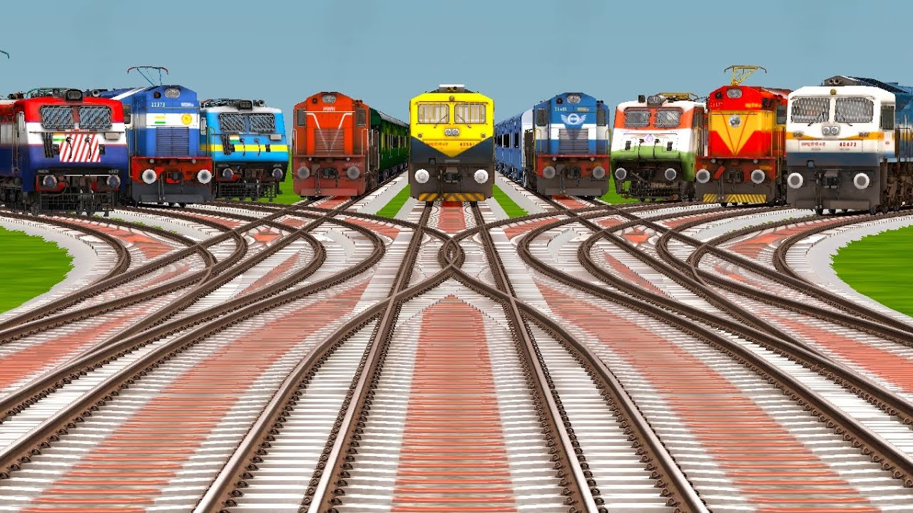 9 Trains Crossing In Railway Station At Bumpy Forked Railroad Tracks ...