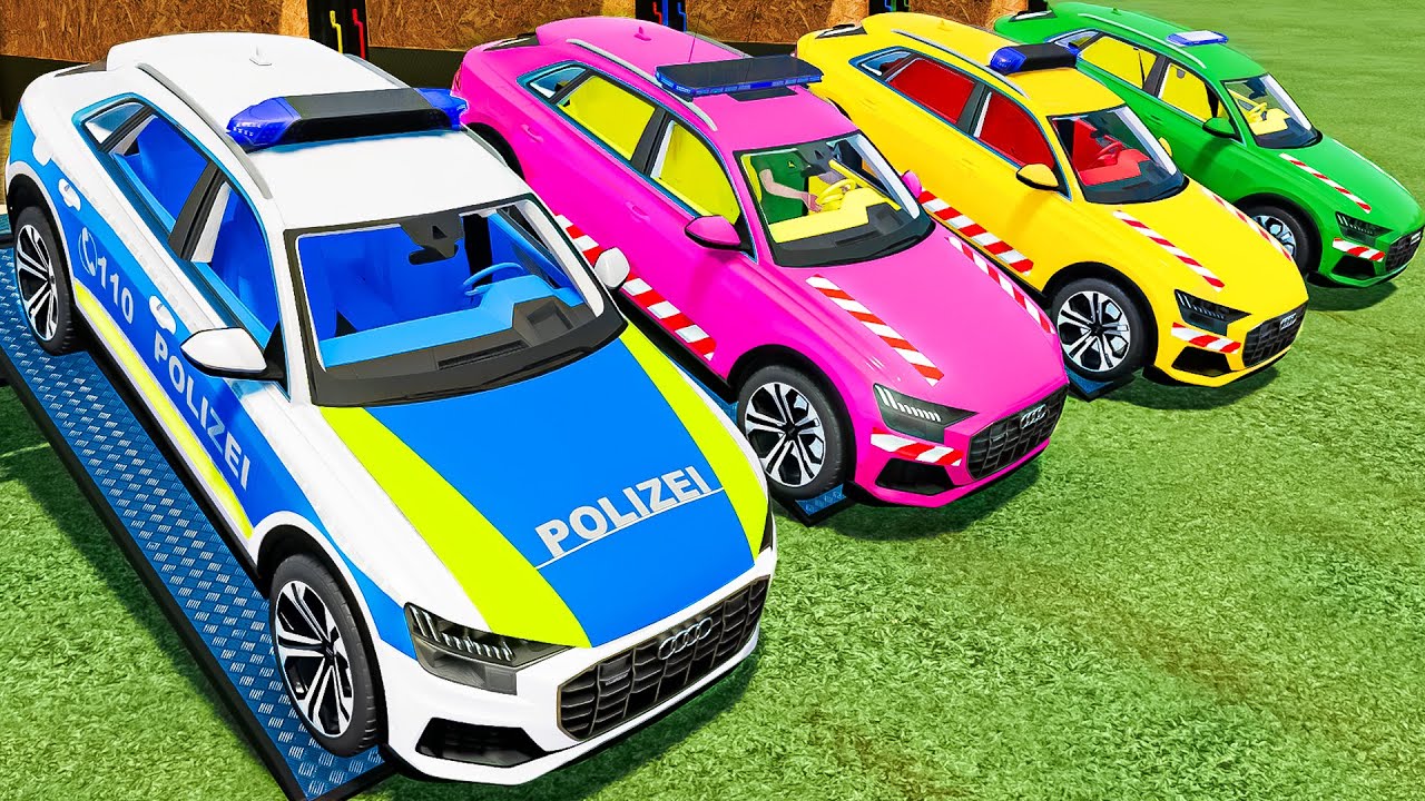 POLICE CARS OF COLOR! TRANSPORTING AUDI Q8 POLICE CARS WITH COLOR ISUZU ...
