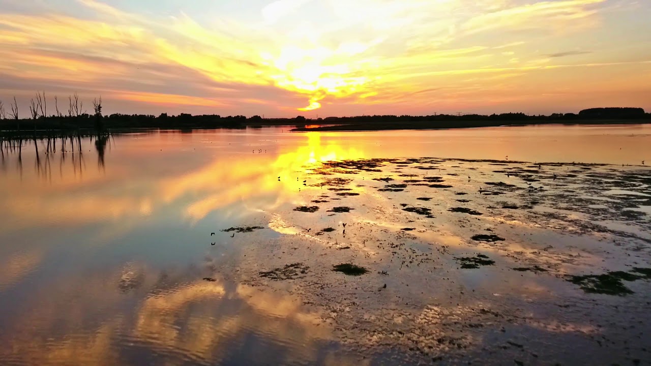 Low-flying over the lake, towards the setting sun with my drone - YouTube