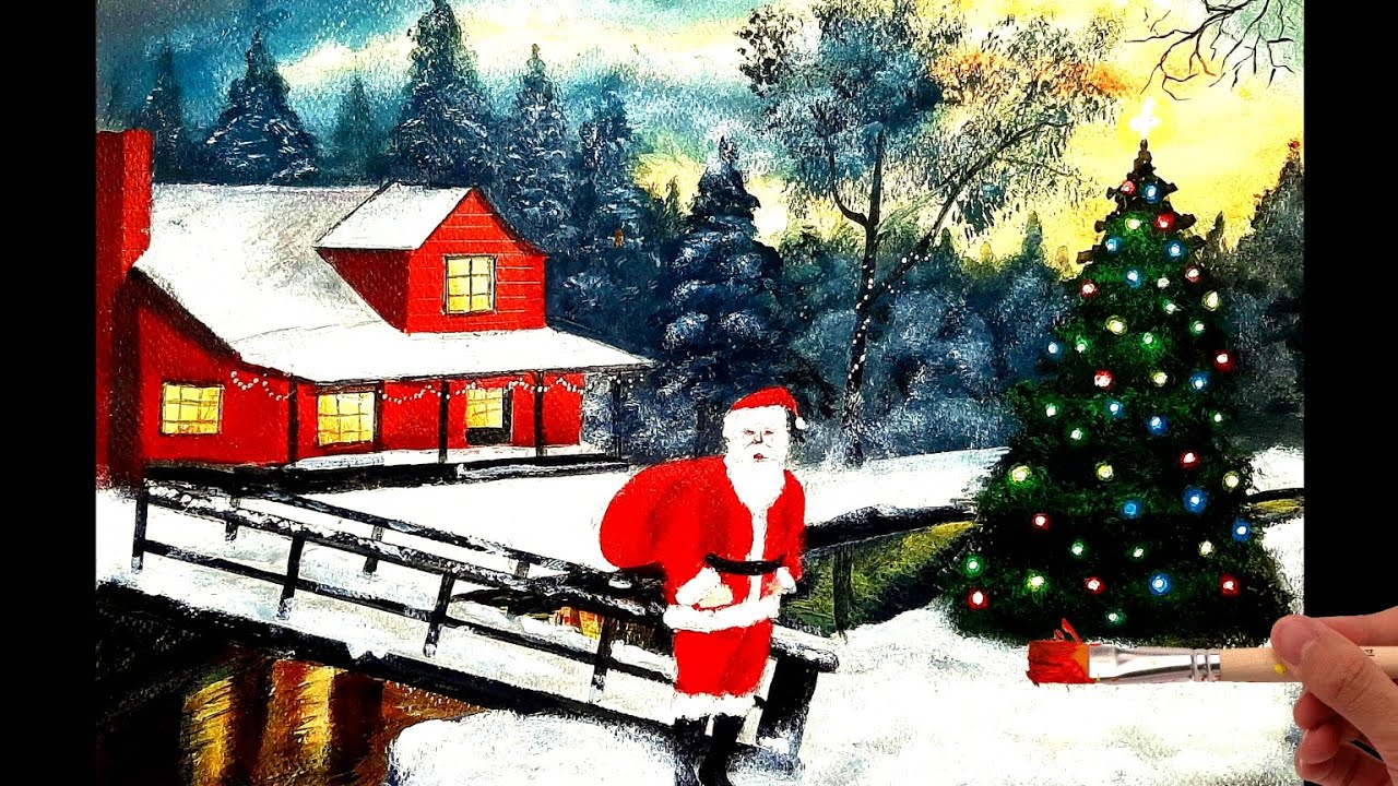 How to paint christmas tree and santa | winter landscape | acrylic ...