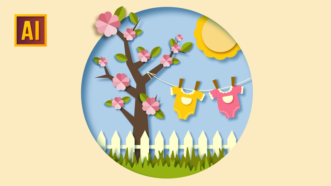 SPRING COMPOSITION IN PAPER CUT OUT STYLE. ADOBE ILLUSTRATOR TUTORIAL ...