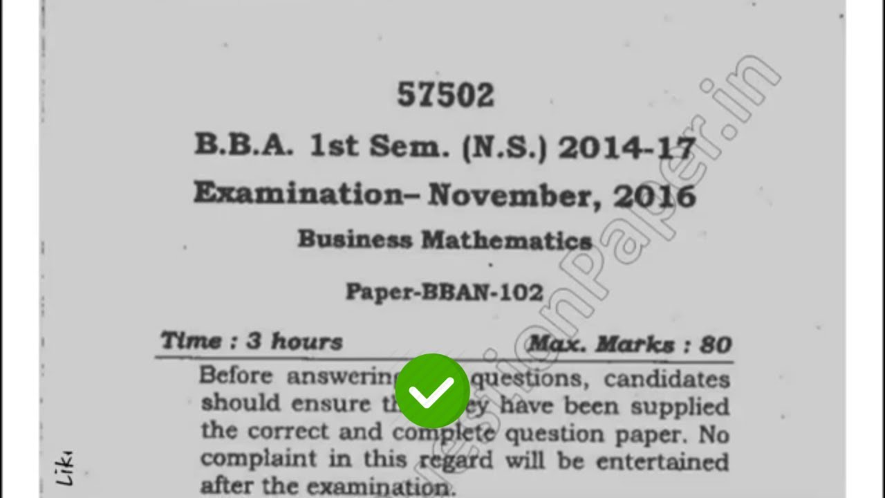 2016 Mdu BBA 1st Sem Business Mathematics Question Paper # ...