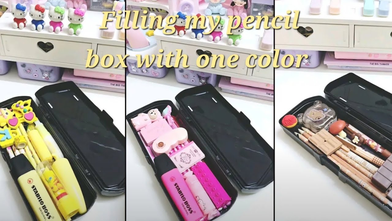 Filling my pencil box with one color stationery 🤎💗💛 #cute #stationery # ...