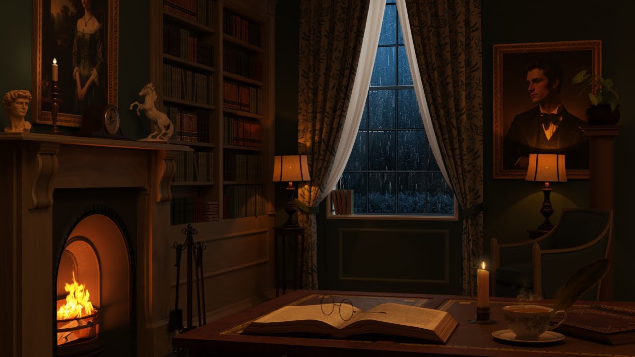 Bridgerton Themed Study Room Ambience with Fireplace, Rain and Thunder ...