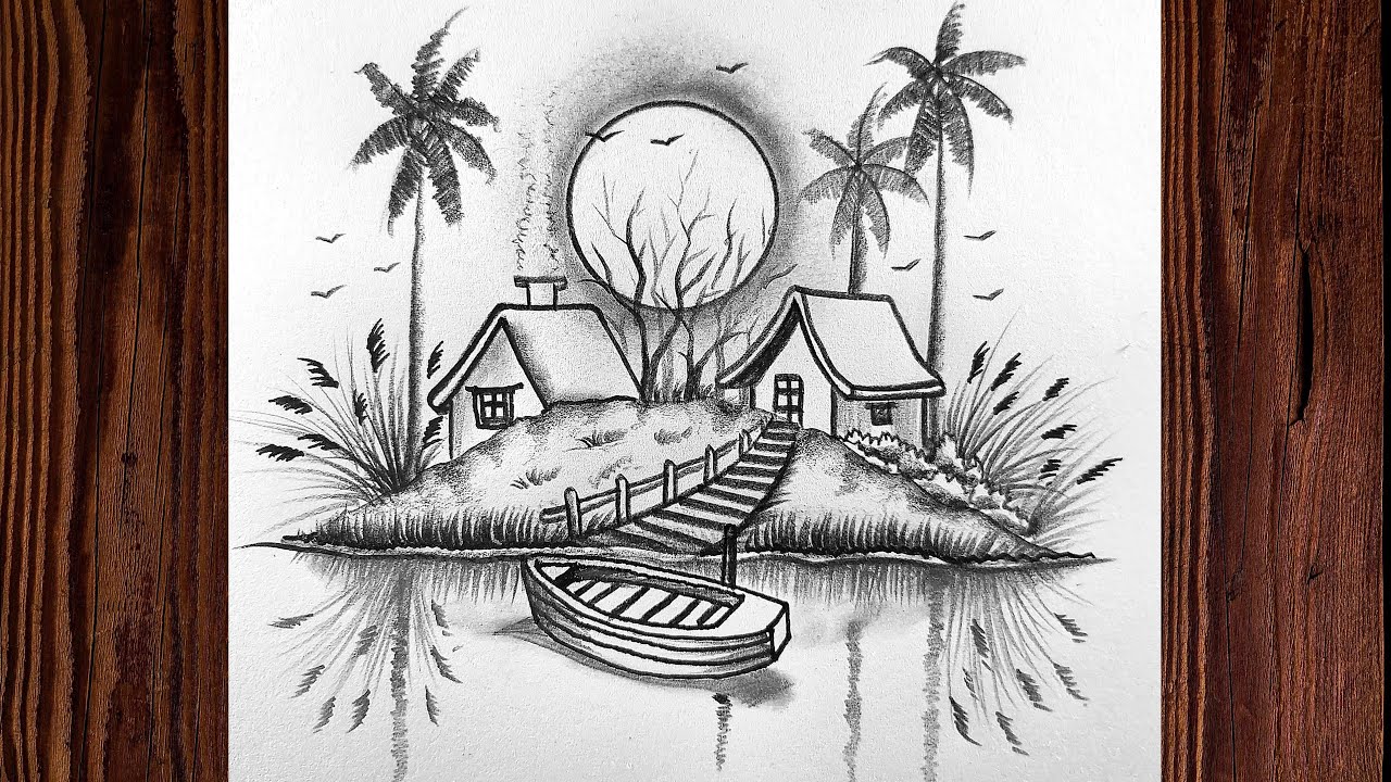 How to drawing water land scenery || Beautiful water reflection ...