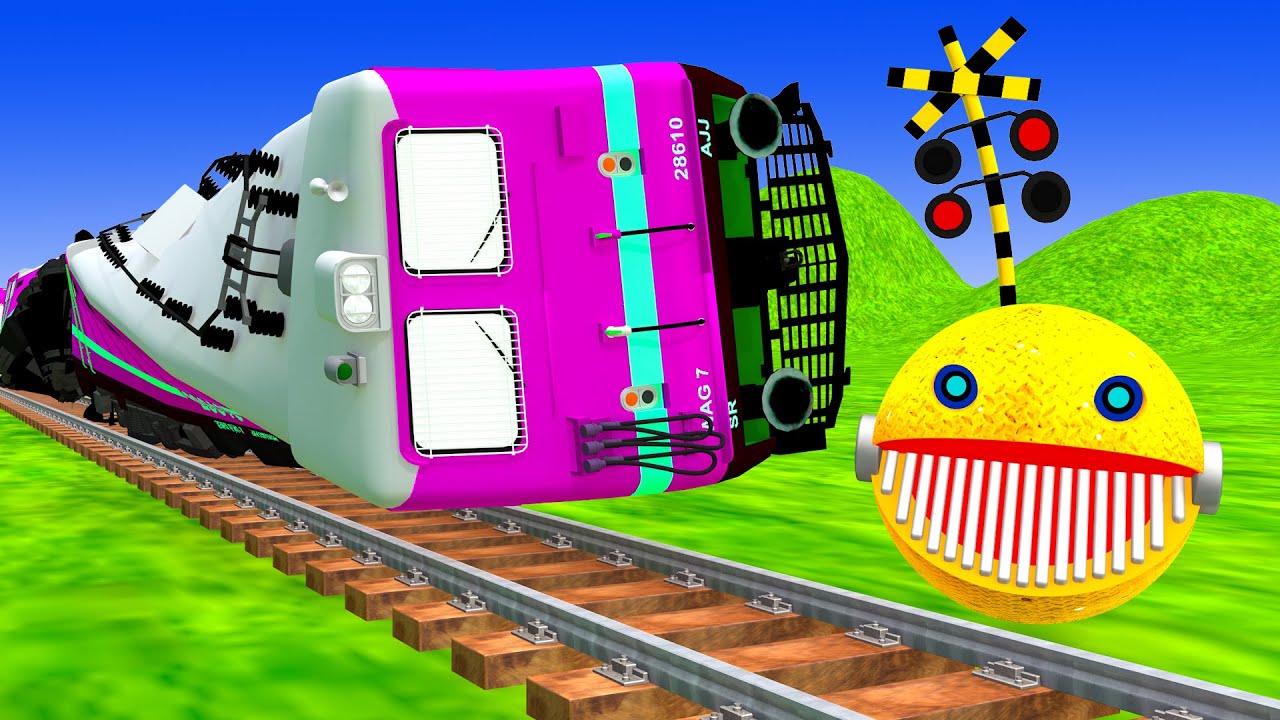 【踏切アニメ】スマートトレイン5 TRAINS PLAYING TOGETHER VS PACMAN🚦 Fumikiri 3D ...