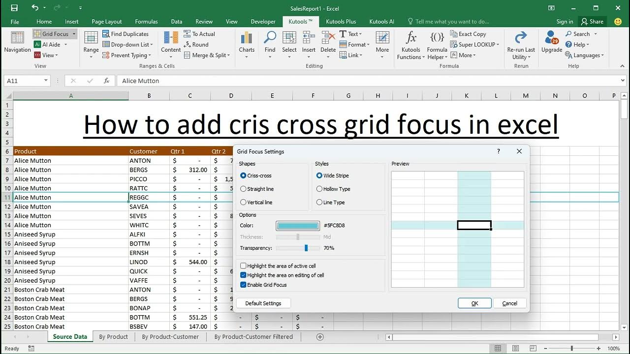 How to add criss cross grid focus in excel | How to use kutools in ...