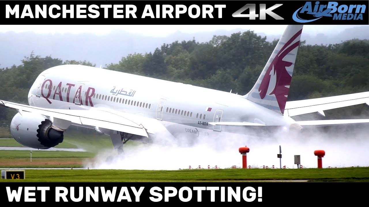 AWESOME Wet Runway Heavy Take Offs Landings Manchester Airport 4K Plane ...