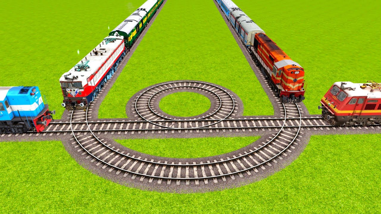 FOUR TRAINS PASSING THROUGH ON A CIRCULAR RAILROAD TRACKS WITHIN A ...