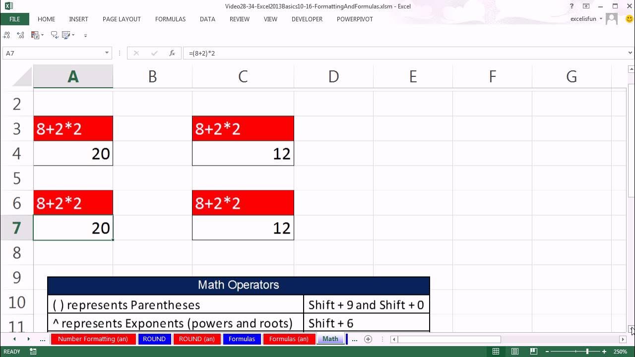 Office 2013 Class #32: Excel Basics 14: Math and Order of Operations in ...