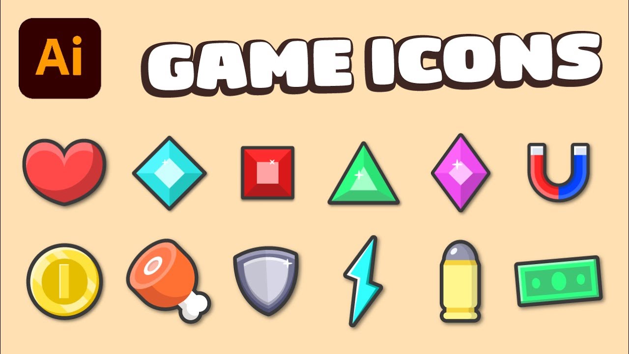 How to Draw Game Icons in Adobe Illustrator | Health, Gems, Coins ...