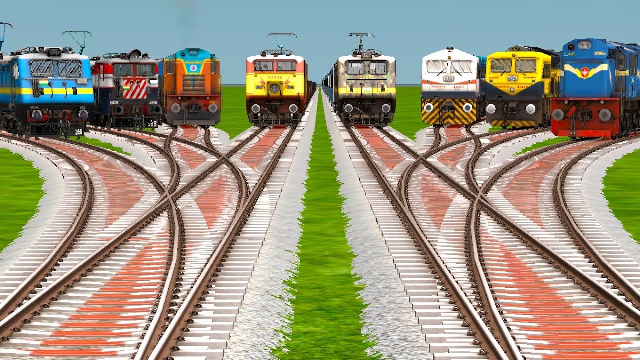 8 Trains And Railroad Crossings At Bumpy 3d Gradient Railway Tracks ...