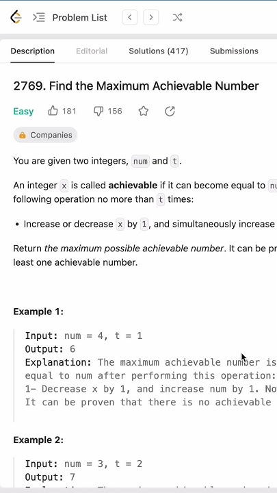 Leetcode solution 2769. Find the max Achievable Number. Day 3 of 69 Days Leetcode challenge ...