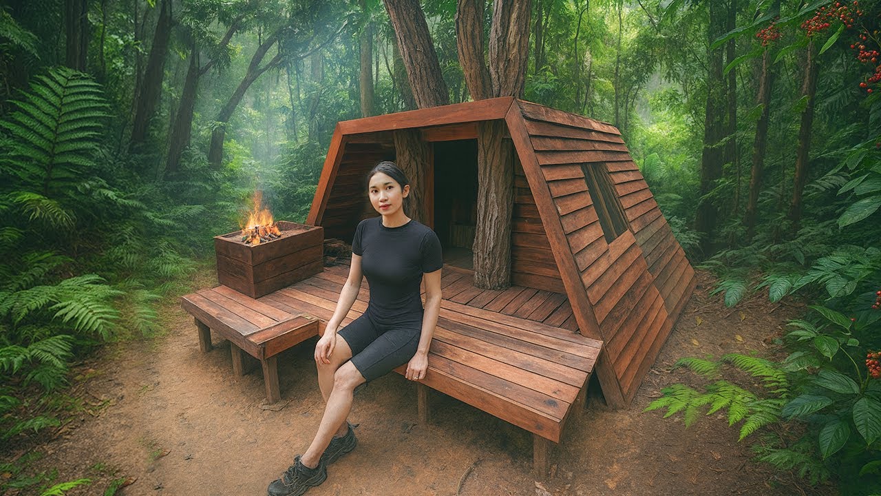Young Girl Building Survival Wooden Bushcraft Shelter In Forest | Safe ...