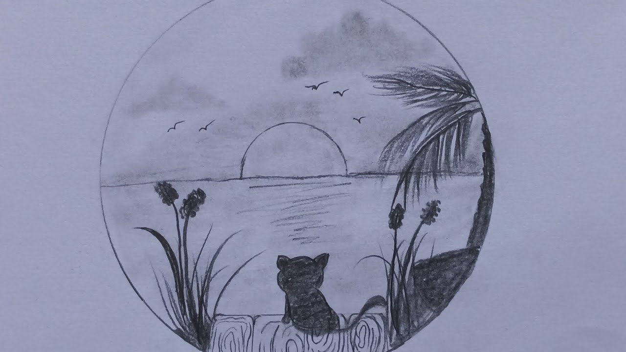 How to draw a beautiful sunset with a cat|Pencil drawing|Drawing for ...