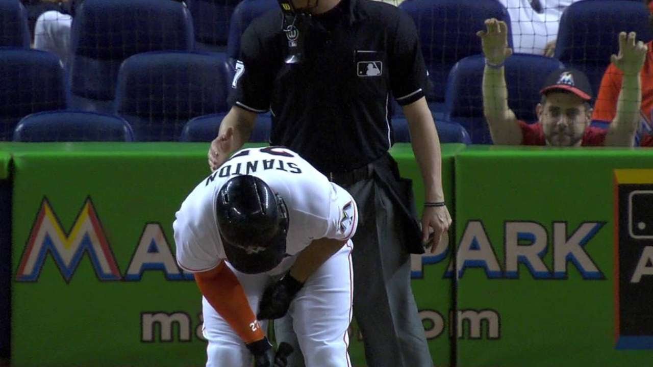 LAD@MIA: Stanton shaken up after striking out in 9th - YouTube