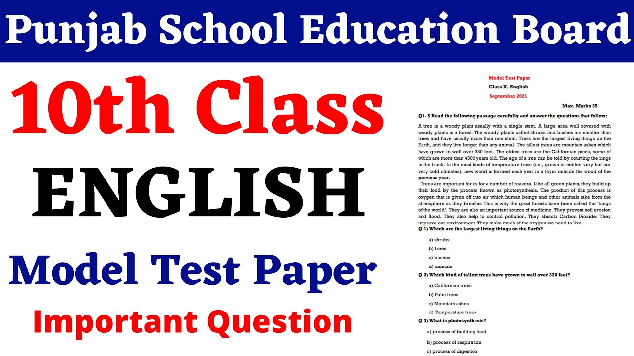 10TH CLASS | ENGLISH I MODEL TEST PAPER I QUESTION & ANSWERS| PUNJAB ...