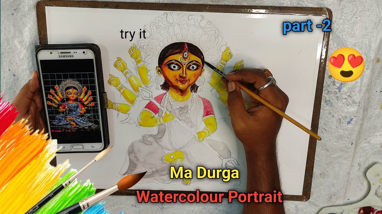 Durga thakur drawing/ma durga drawing with watercolor/how to colour ma ...