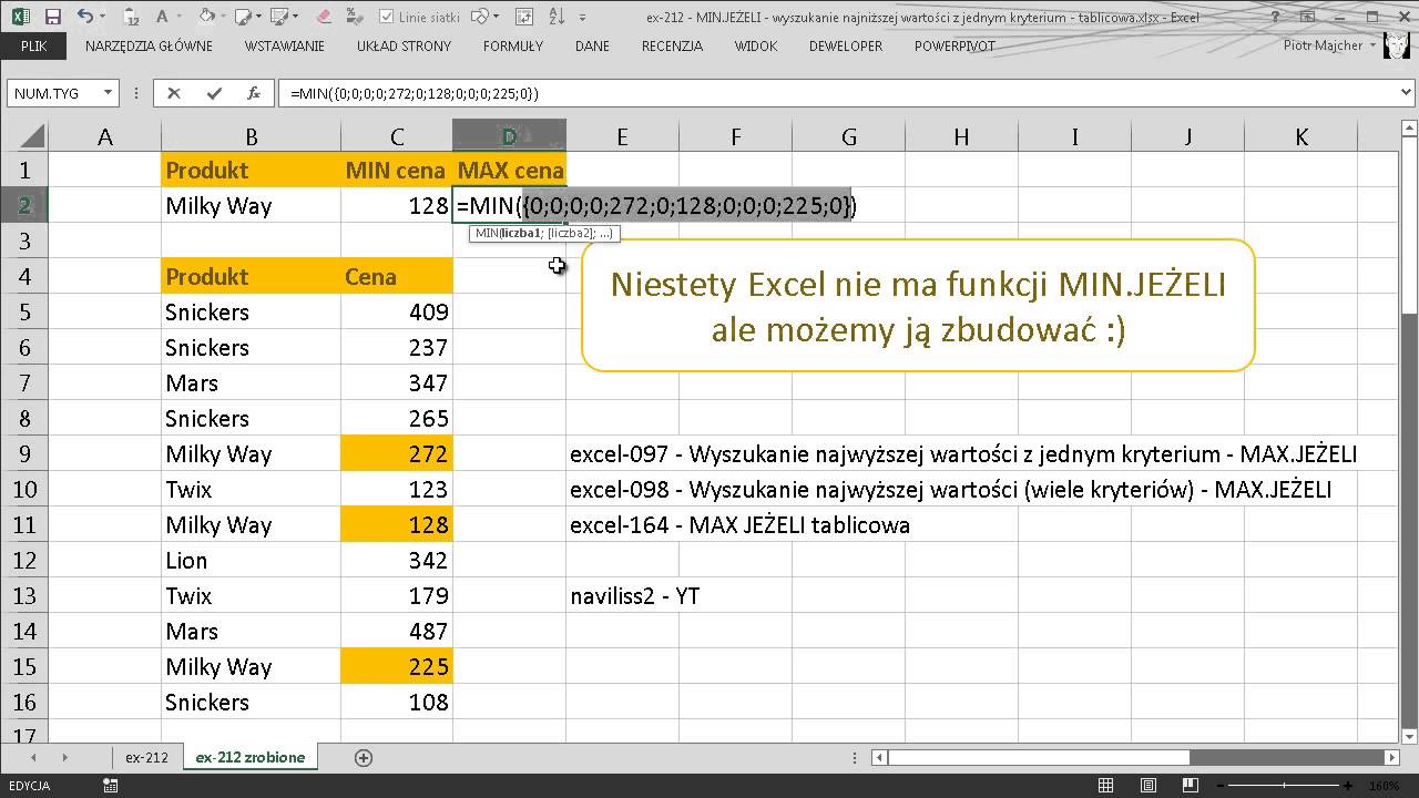 excel-212 - MIN JEŻELI - wyszukanie najniższej wartości z jednym ...