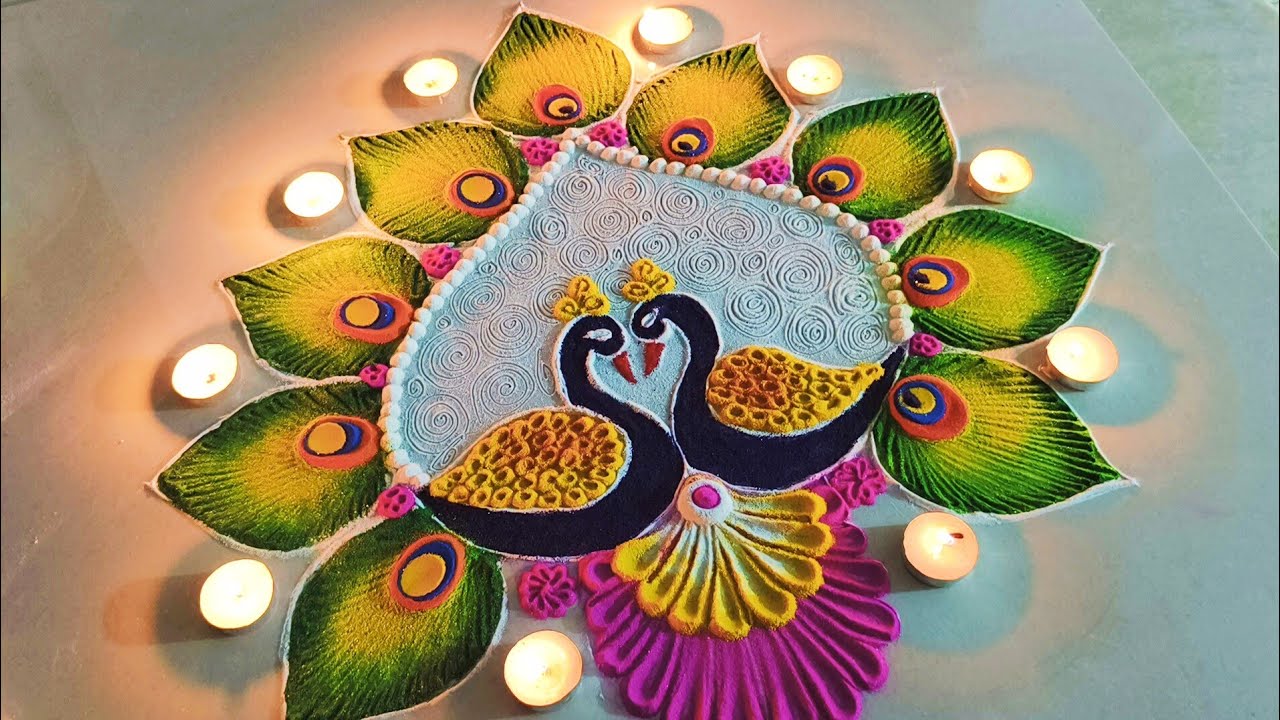 big peacock feather rangoli 2023/Diwali special rangoli freehand ...