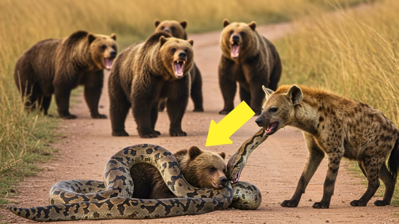 Hyenas abandon a dying GrizzlyBearcub in front of the pack.You won't ...