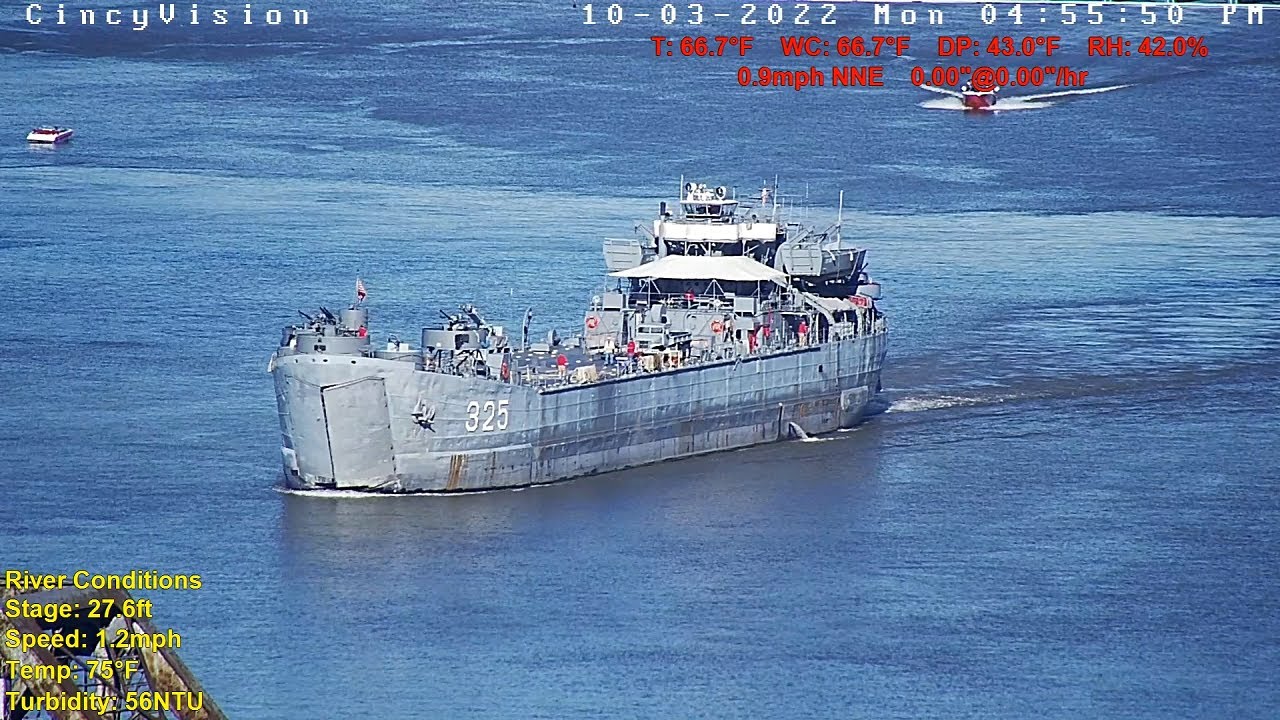 WWII Normandy Tank Landing Ship USS LST 325 departs Cincinnati on 10-3 ...