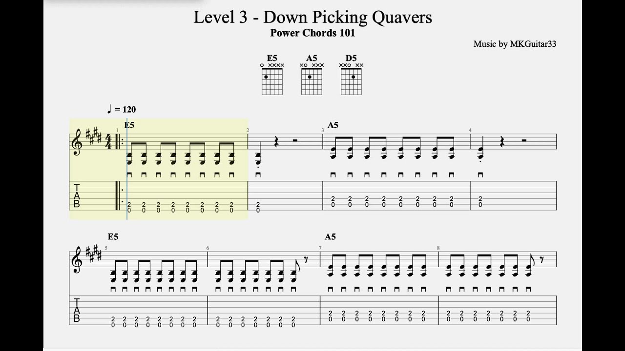 Guitar Exercises: Power Chords 101 Level 3 - Down Picking Quavers - YouTube