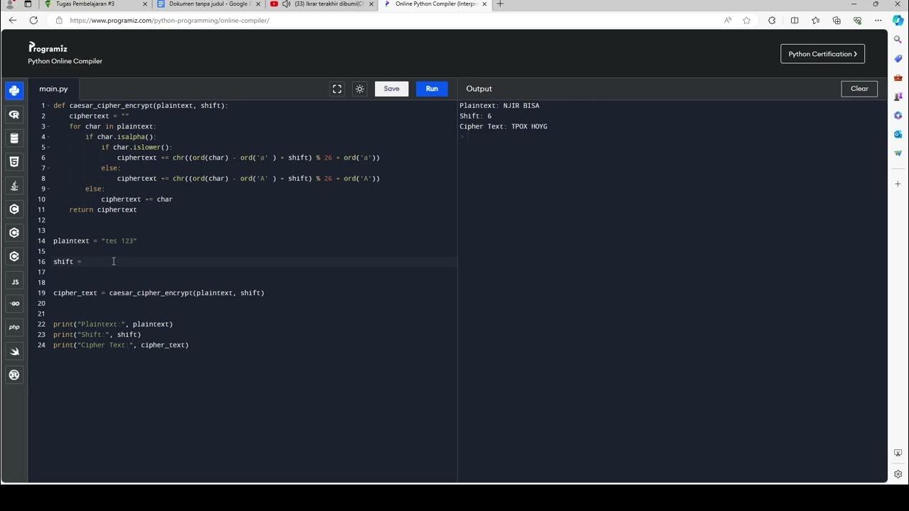 python chiper caesar encrypt - YouTube